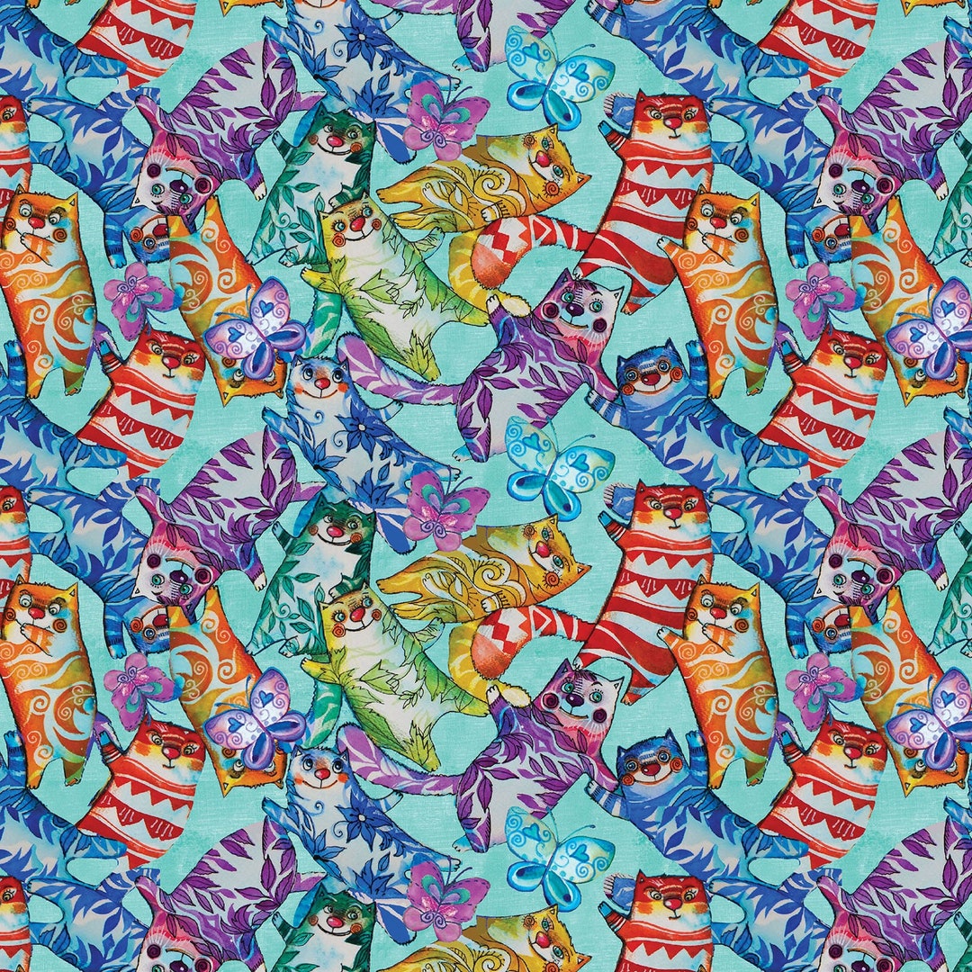 Cat Fabric Sunshine Cats Happy Cats Turquoise Benartex Sold by the Yard ...