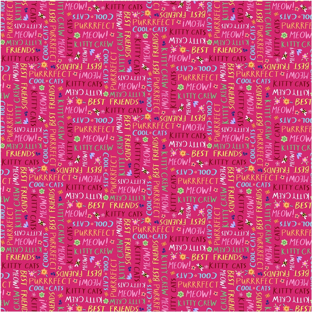 Cat Fabric Puddy Cats Kitty Crew Pink Cat Words Michael Miller Fabrics ...
