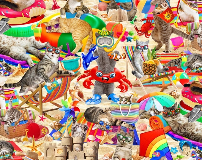Cat Fabric Cool Cats Chillin' on the Beach Timeless Treasures Digital ...