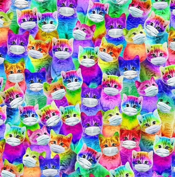 Cat Fabric Mask up Bright Cats With Masks Timeless Treasures - Etsy