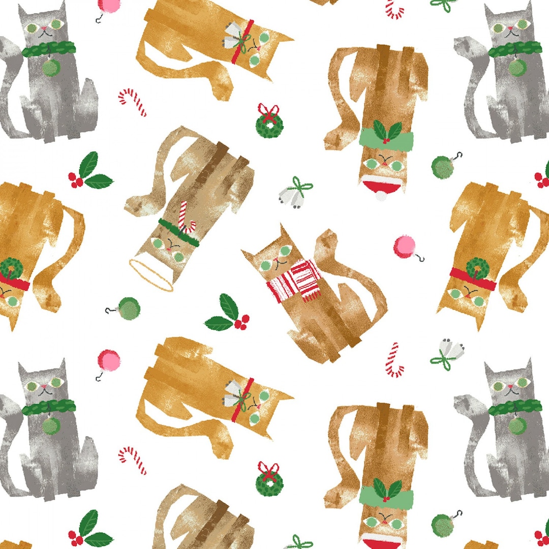 Cat Fabric MAKE MERRY Cat Toss White Windham Fabrics Sold by the Yard ...