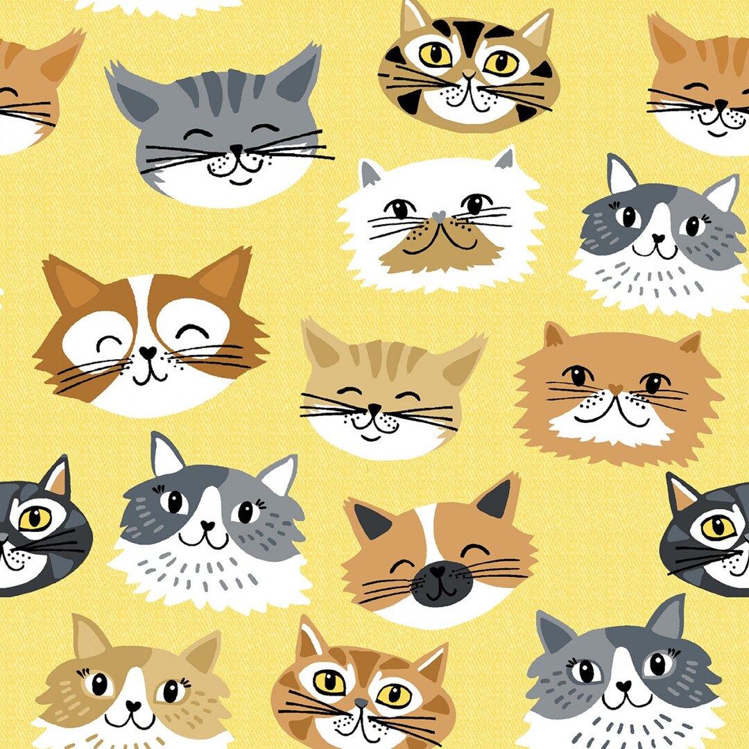 Cat Fabric FLANNEL Comfy Flannel Cat Faces Yellow AE Nathan - Etsy