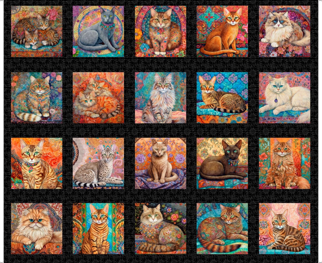 Cat Fabric - Quilt Room Kitties Cat Picture Patches Panel Black ...