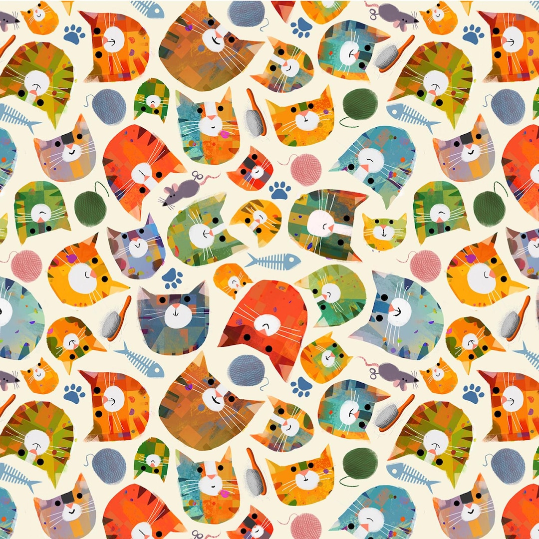 Cat Fabric - Fur-ever Friends Silly Kitty Ivory Gareth Lucas Windham ...