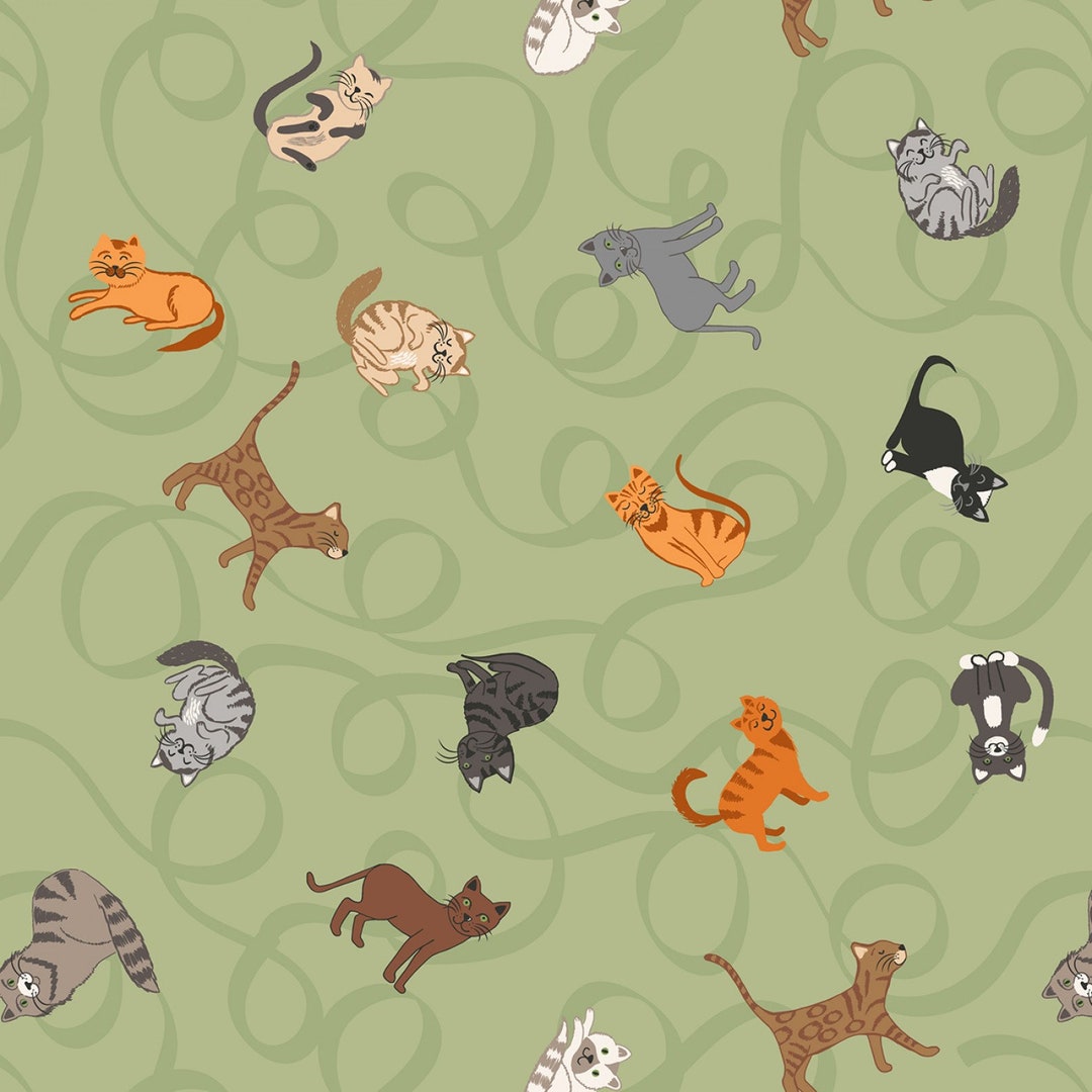 Cat Fabric - Paws and Claws Cat Toss Light Green Lewis & Irene (A711-2 ...