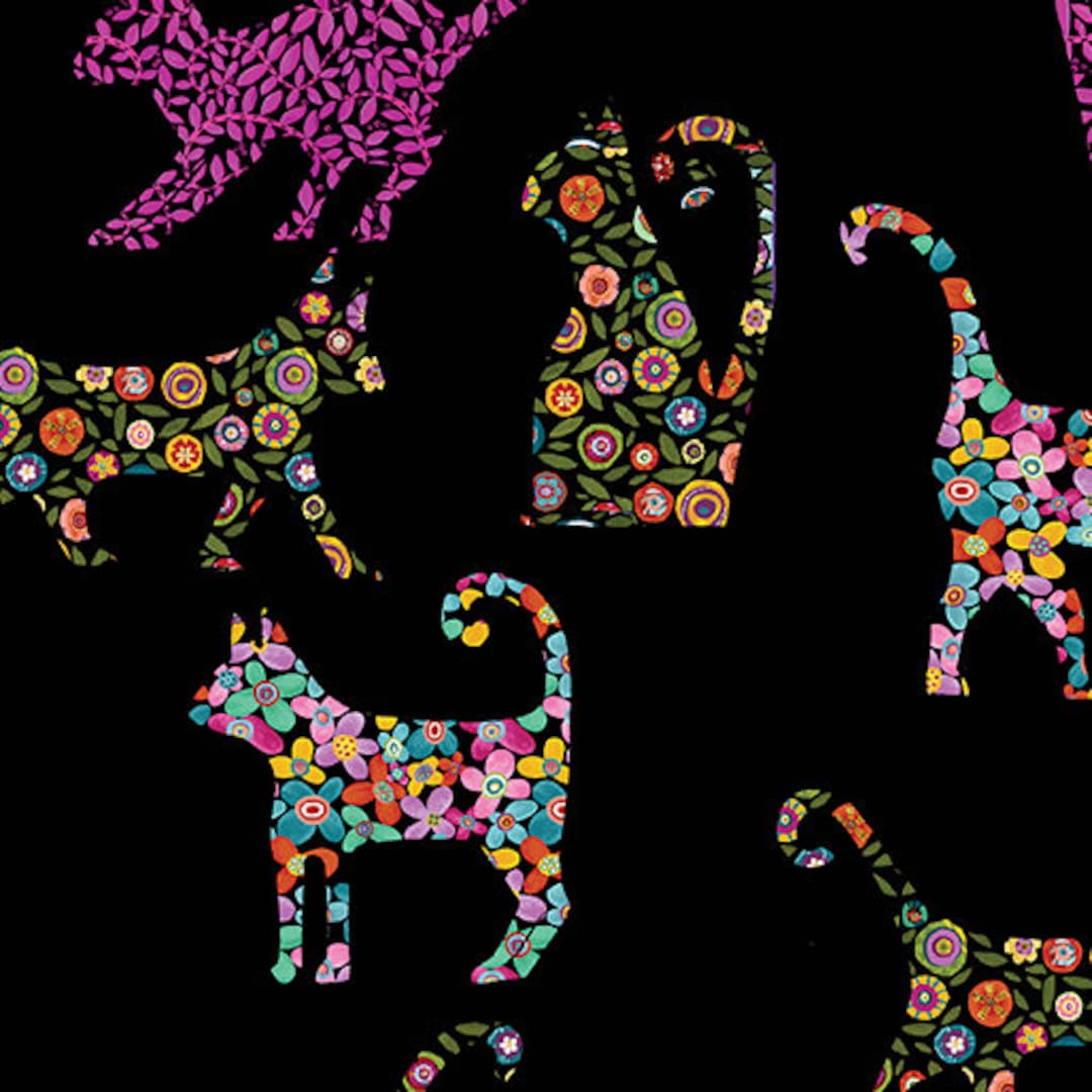 Cat Fabric - Folktown Patterned Cats Black Benartex (13271-12) - Sold ...