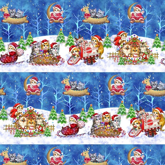 Cat Fabric Kitten Christmas Border Stripe Digital Studio E | Etsy