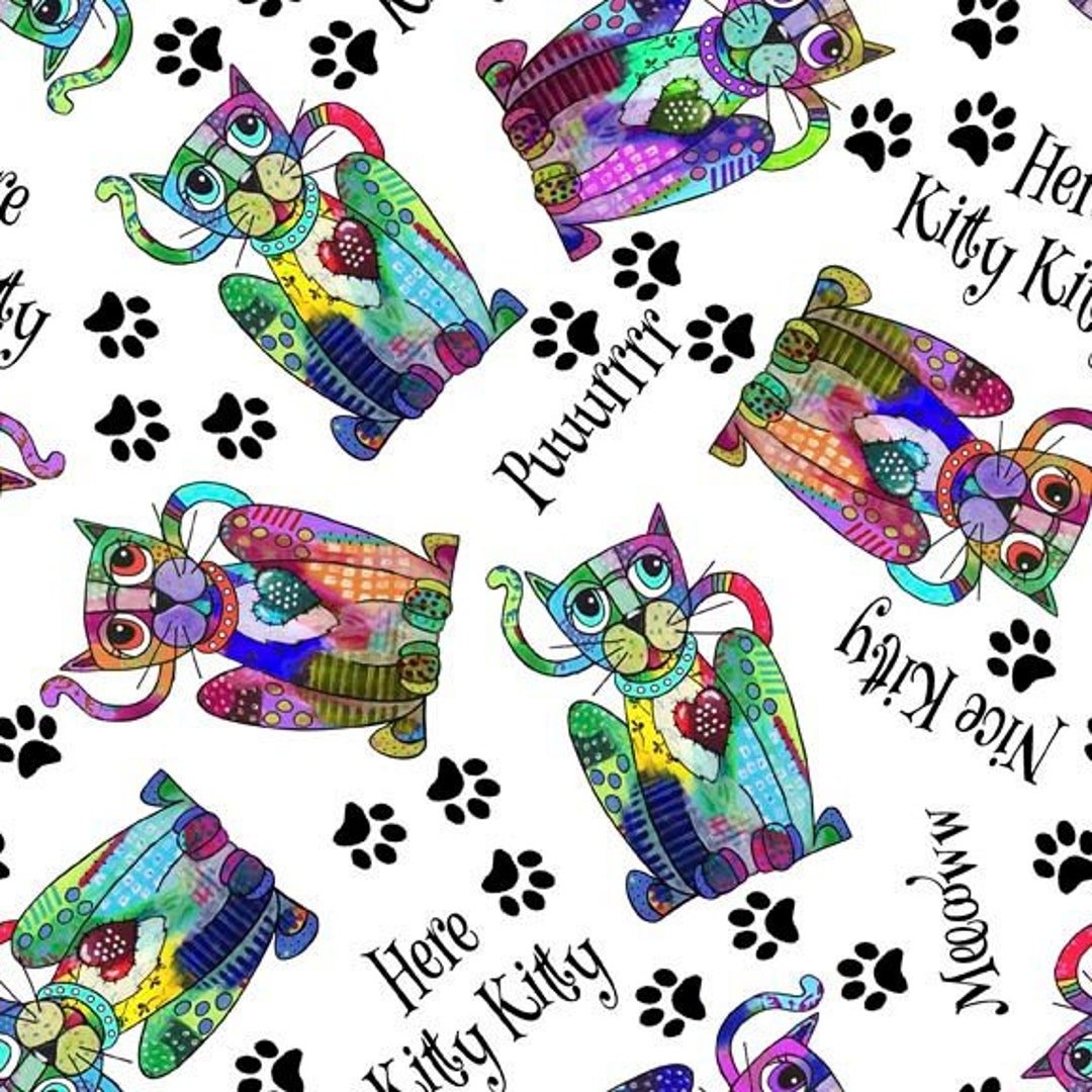 Cat Fabric Here Kitty Kitty Cat Toss White Quilting Treasures Sold by ...