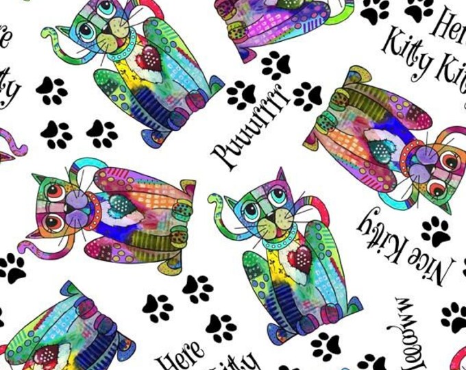 Cat Fabric Here Kitty Kitty Cat Toss White Quilting Treasures Sold by ...