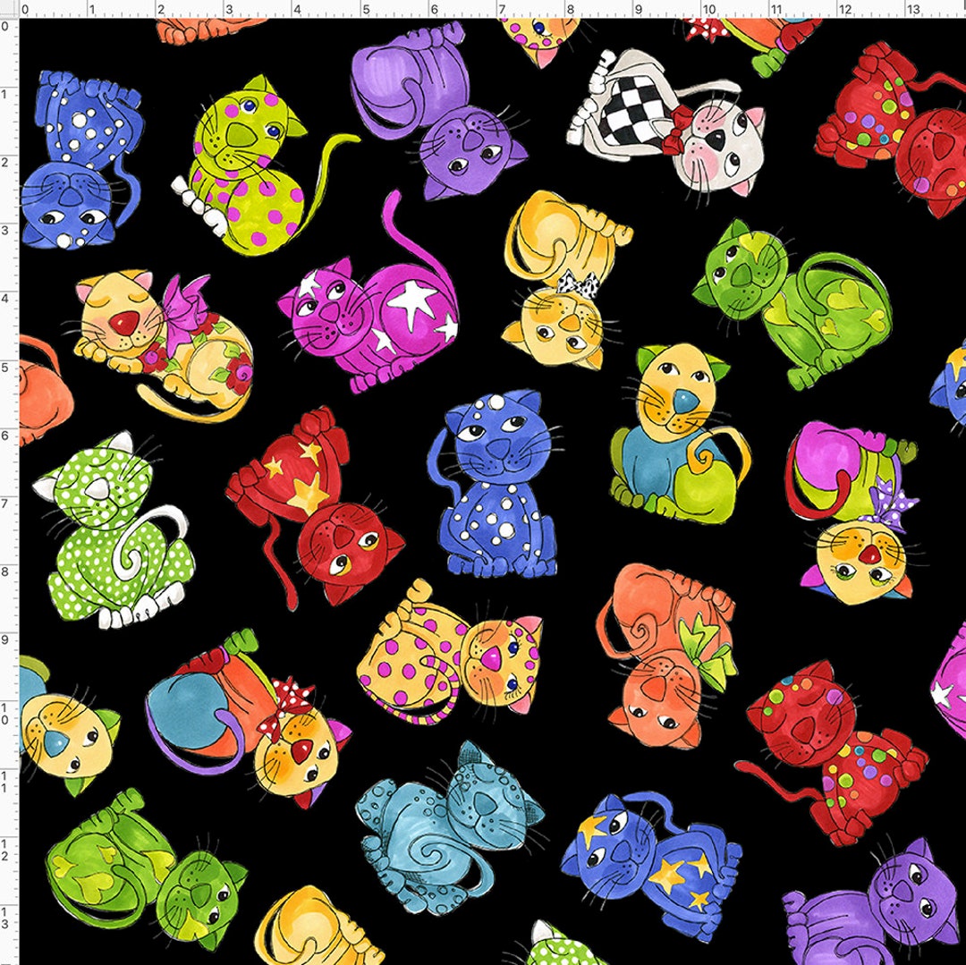 Cat Fabric - Cat Happy Tossed Cats Black Loralie Designs (692-427 ...