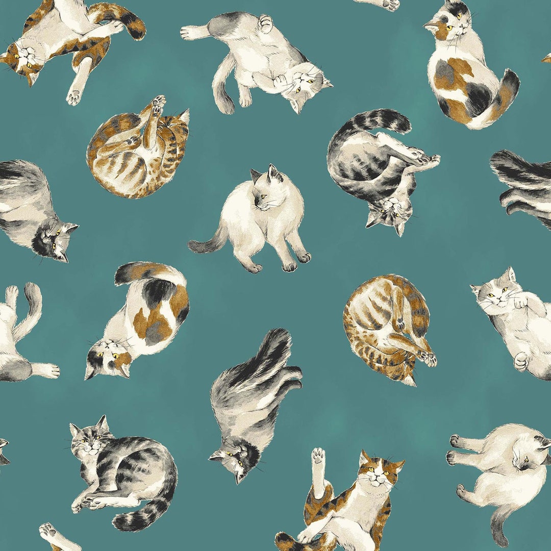 Cat Fabric - Drawing by Pencil Cats Teal Cosmo Textiles (COSAP25406-2D ...