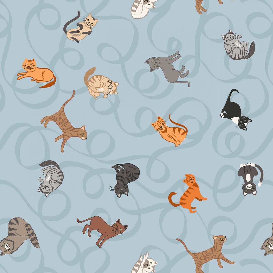 Cat Fabric - Paws and Claws Cat Toss Light Blue Lewis & Irene (A711-1 ...