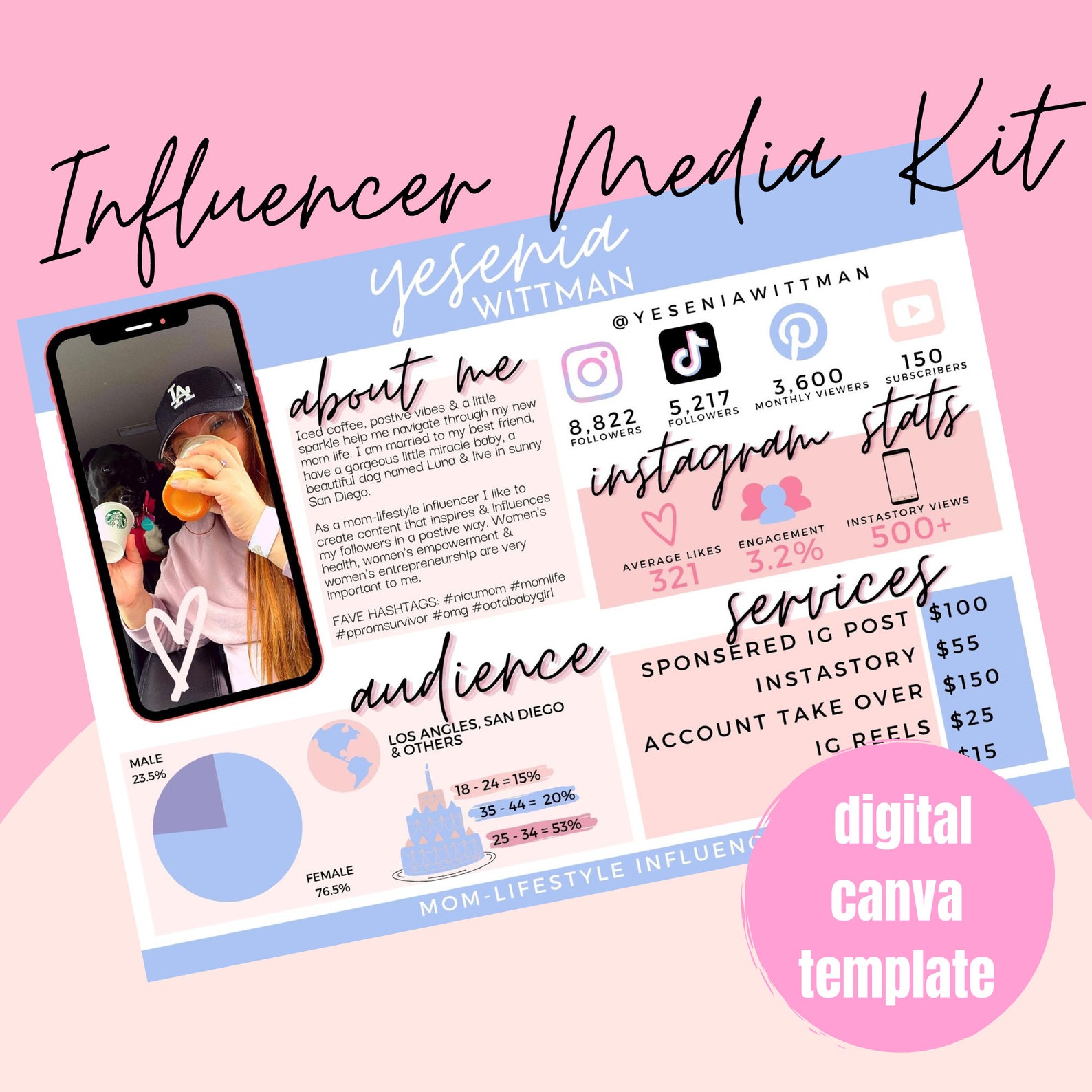 1 Page Instagram Influencer Media Kit Template - Canva - Etsy