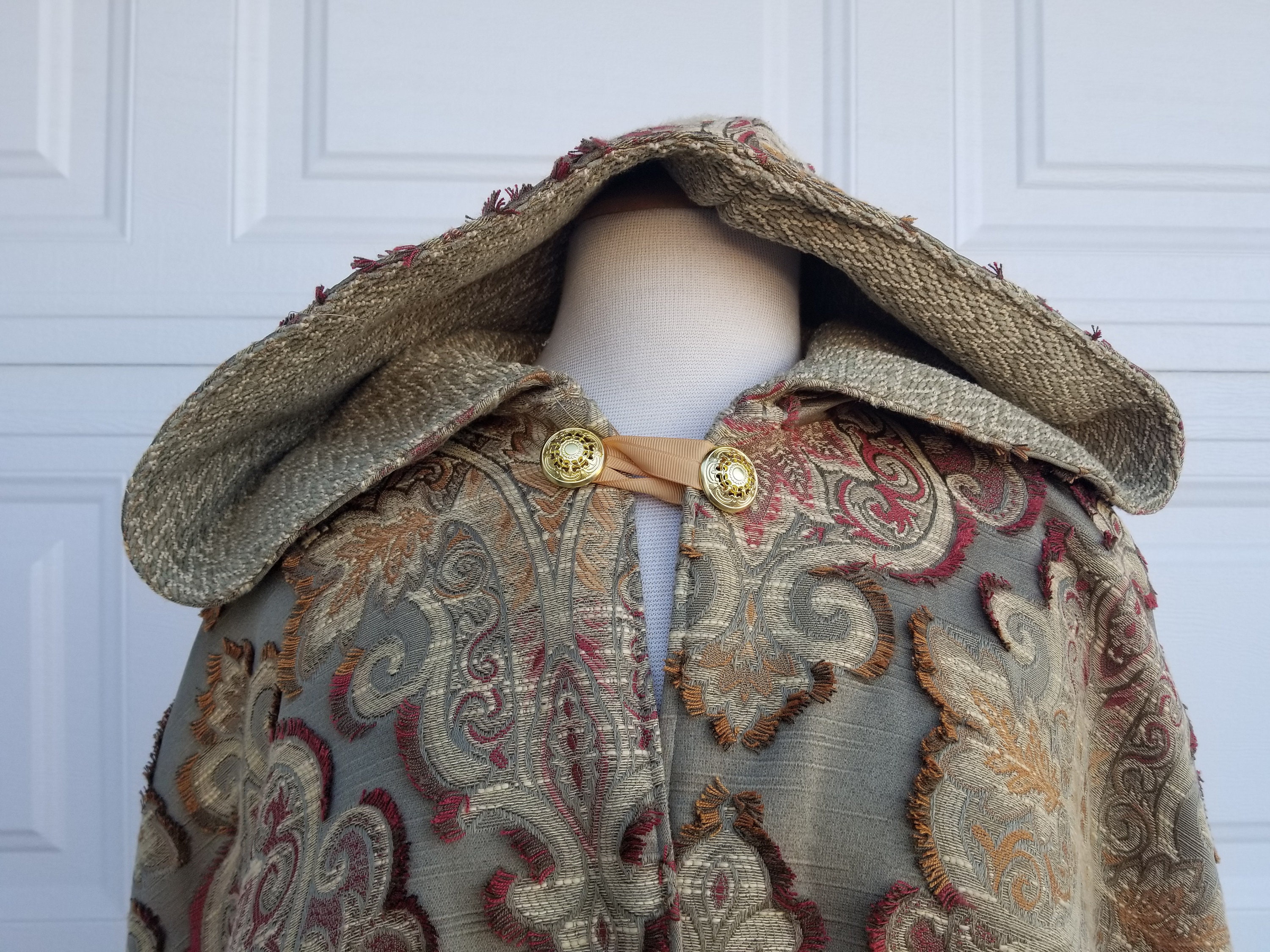 60 Double Sided Reversible Hooded Cloak,green Red Floral Fringe,green ...