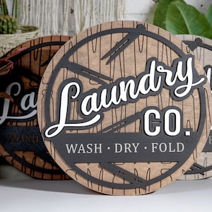 Laundry Round Wood Sign | 3D Laundry Co | Engraved Sign | Laundry Room ...