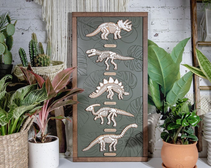 Dino Skeleton Engraved Monstera Wood Sign Dinosaur Nursery Kids Room ...