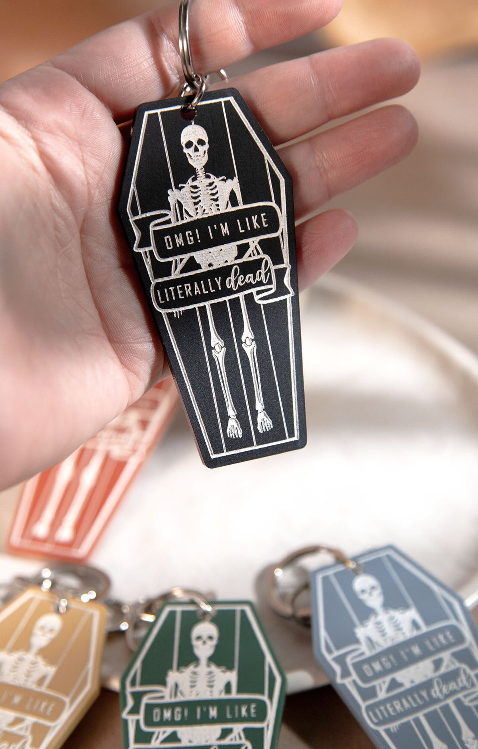 OMG Literally Dead Skeleton Coffin Acrylic Retro Keychain | Engraved ...