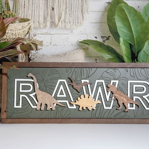Rawr Dinosaur Engraved Monstera Wood Sign | Dinosaur Nursery | Kids ...
