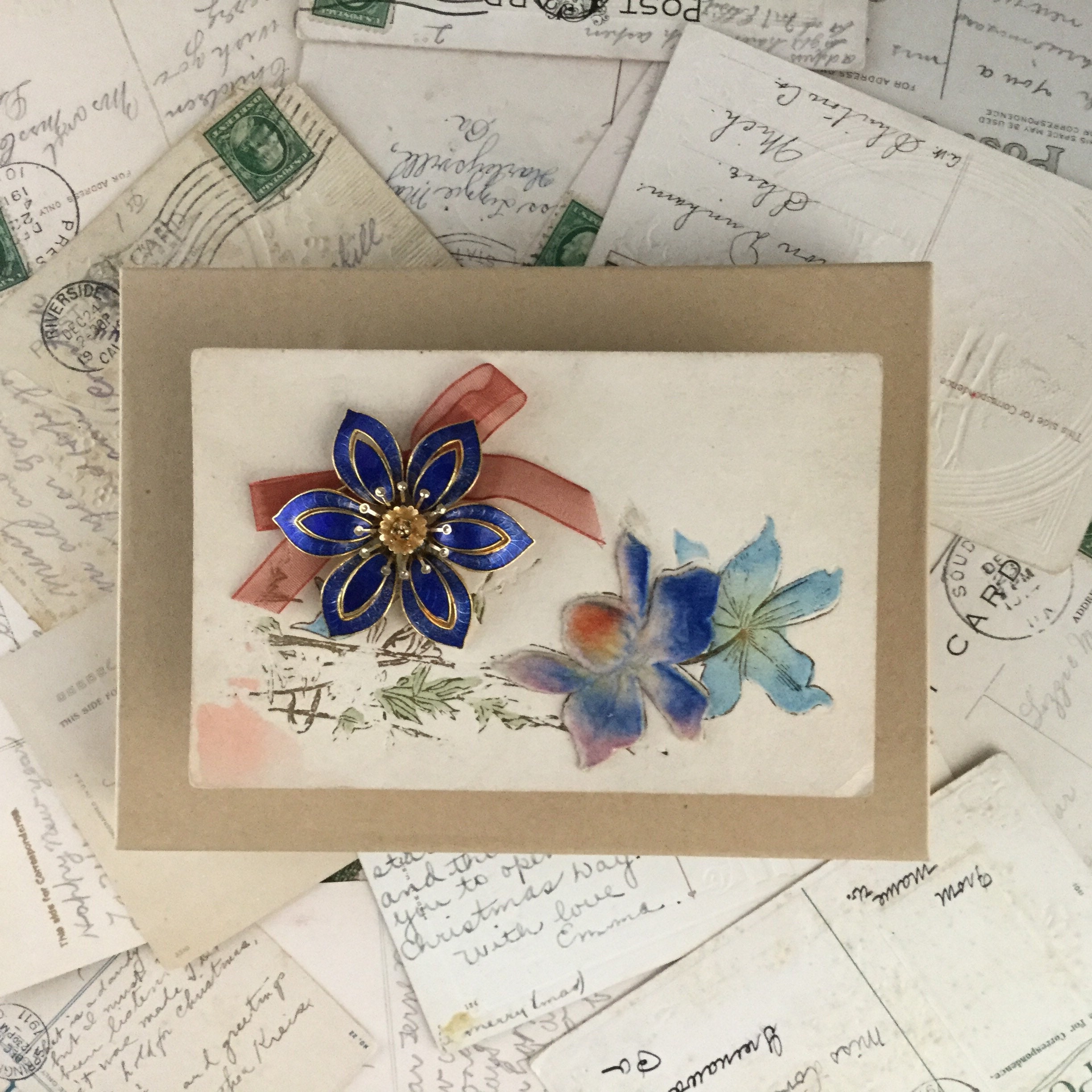 Pin and Postcard Set Vintage Flower Brooch Pin Antique Postcard Antique ...