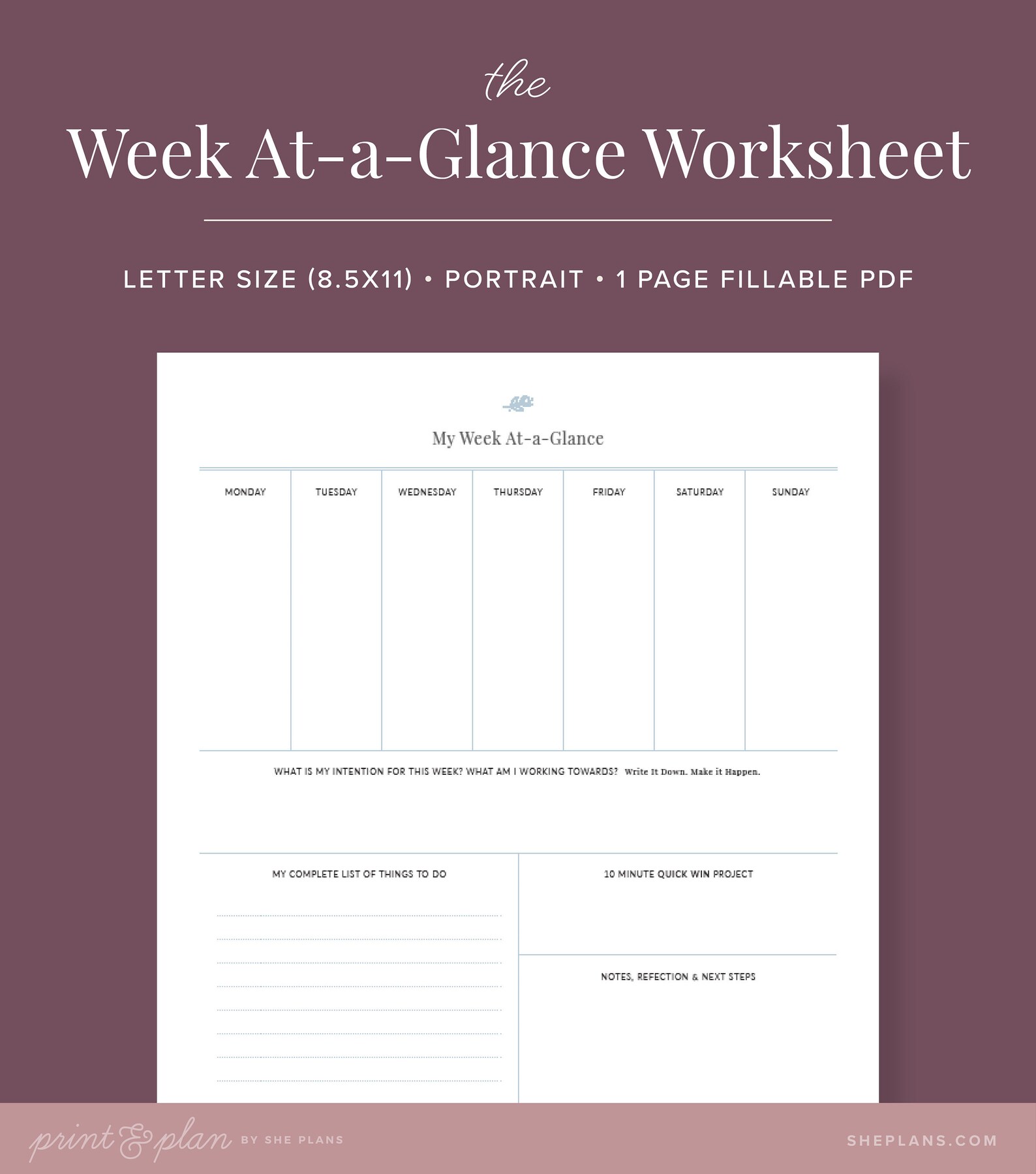 Week At-a-Glance printable worksheet weekly agenda minimal | Etsy
