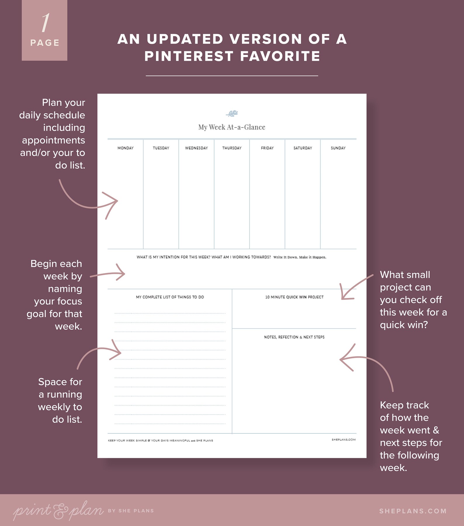 Week At-a-Glance printable worksheet weekly agenda minimal | Etsy