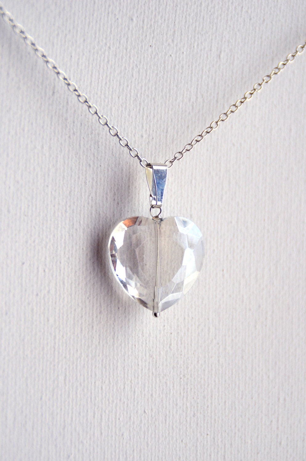 Large Faceted Clear Crystal Heart Necklace Silver - Etsy