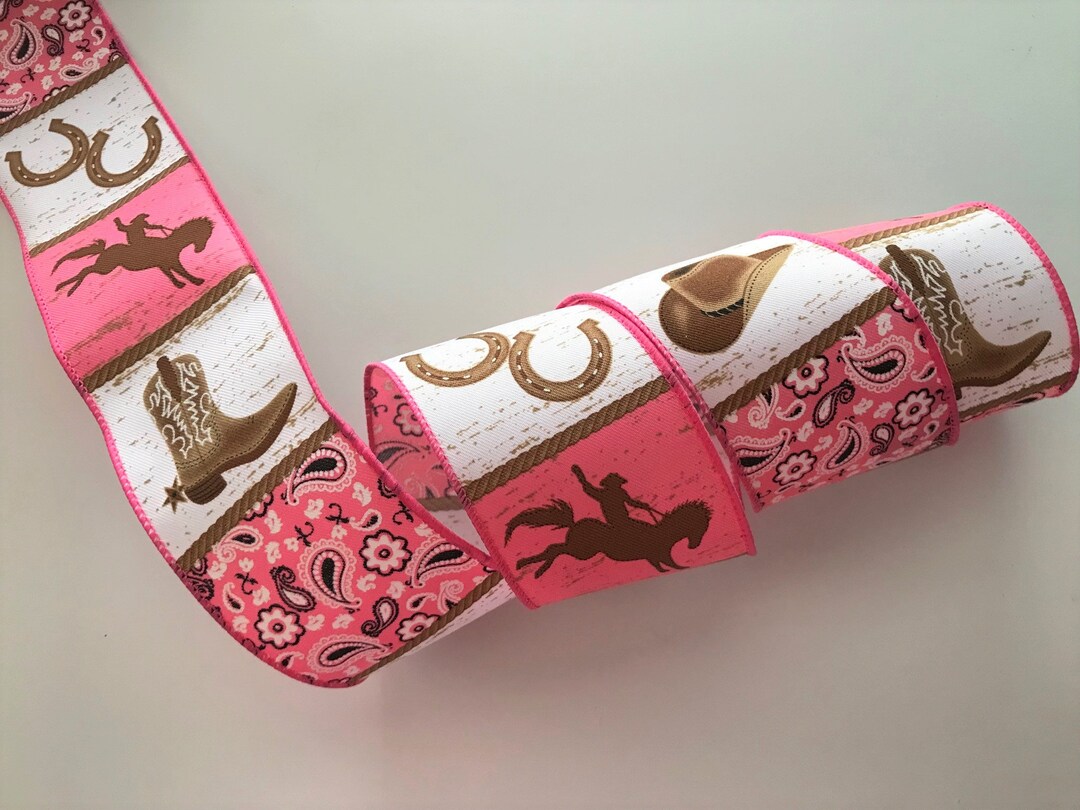 Cowboy Western Ribbon, Pink White and Brown, 2 1/2" Wide, Wired Ribbon ...