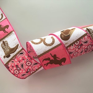 Cowboy Western Ribbon, Pink White and Brown, 2 1/2" Wide, Wired Ribbon ...