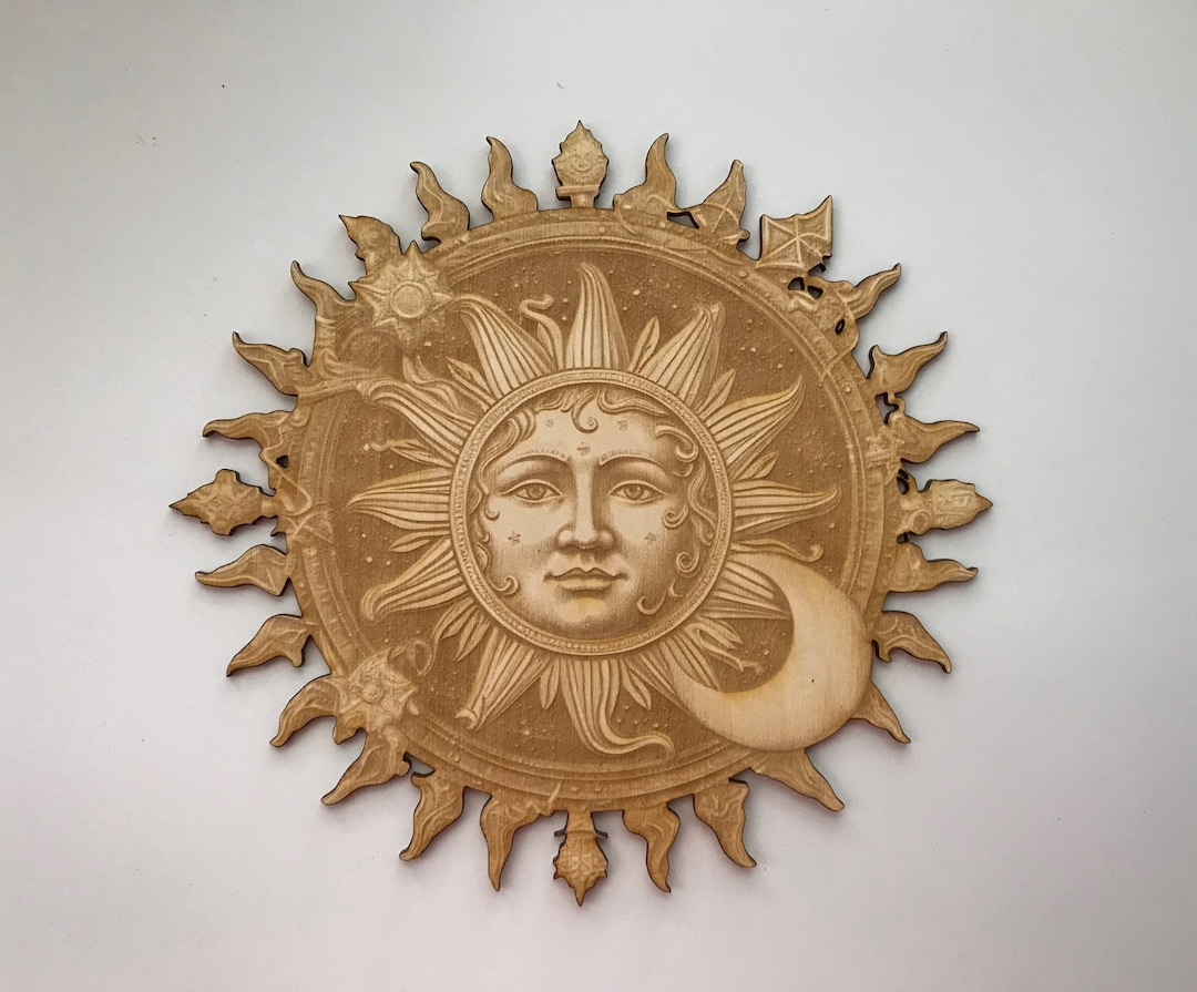 Sun Face Wood Plaque, Laser Cut and Engraved Wood, Celestial Wall Art ...