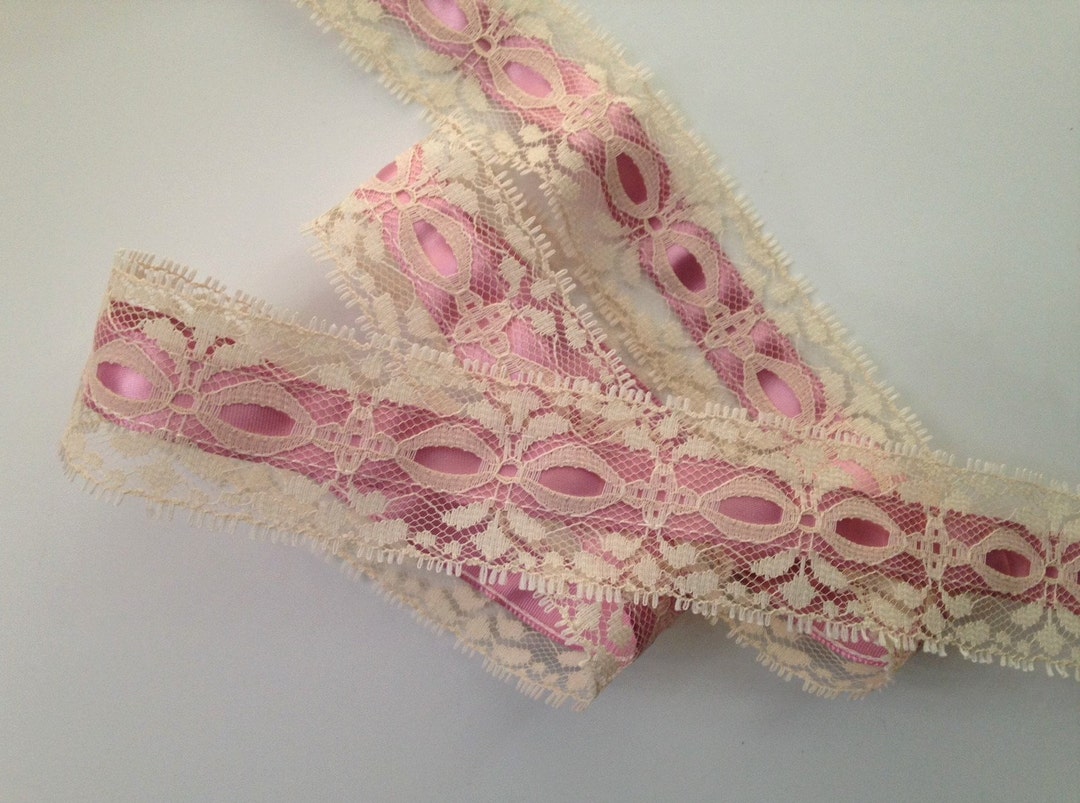 Natural Beading Lace With Dusty Rose Ribbon, 3 YARDS, Apparel, Lingerie ...