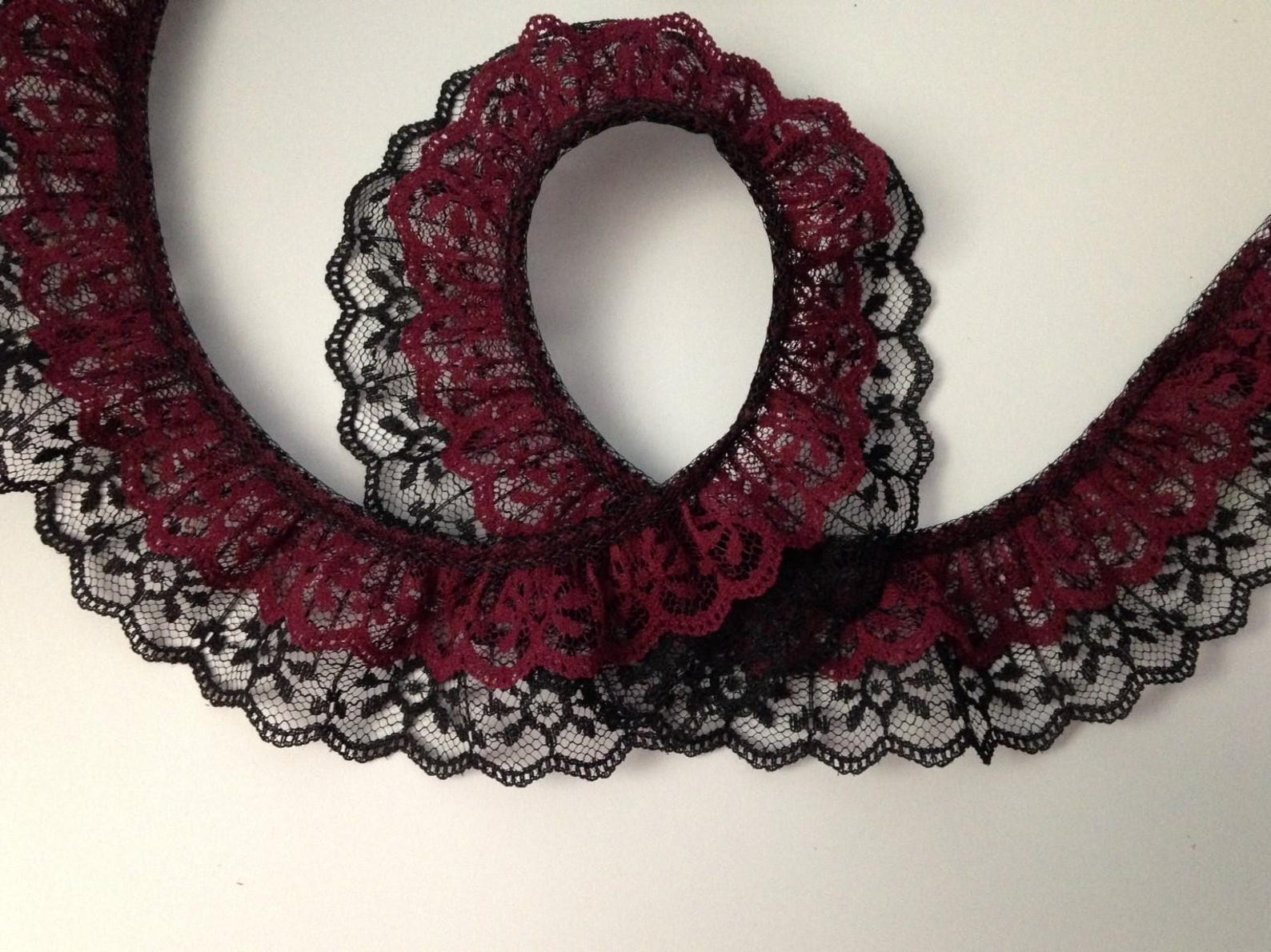 Double Ruffled Lace Trim, Wine and Black Lace, 2 YARDS, Candlewick Lace ...