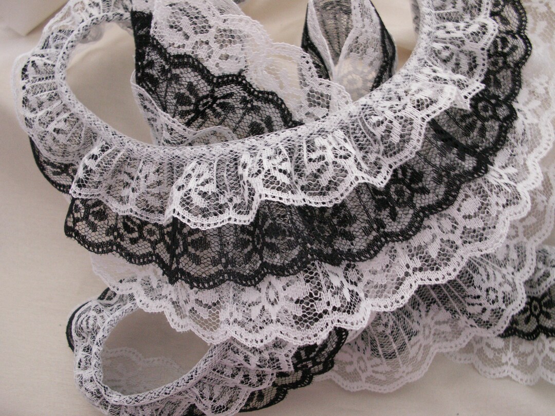 Triple Ruffled Lace Trim, White and Black, 3 Tier Lace for Apparel ...