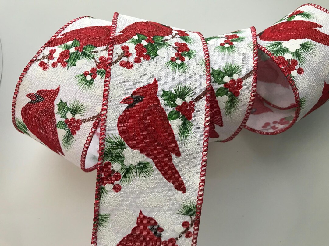 Christmas Ribbon, Cardinal on Holly Berries and Pine Branch, 2 1/2 ...