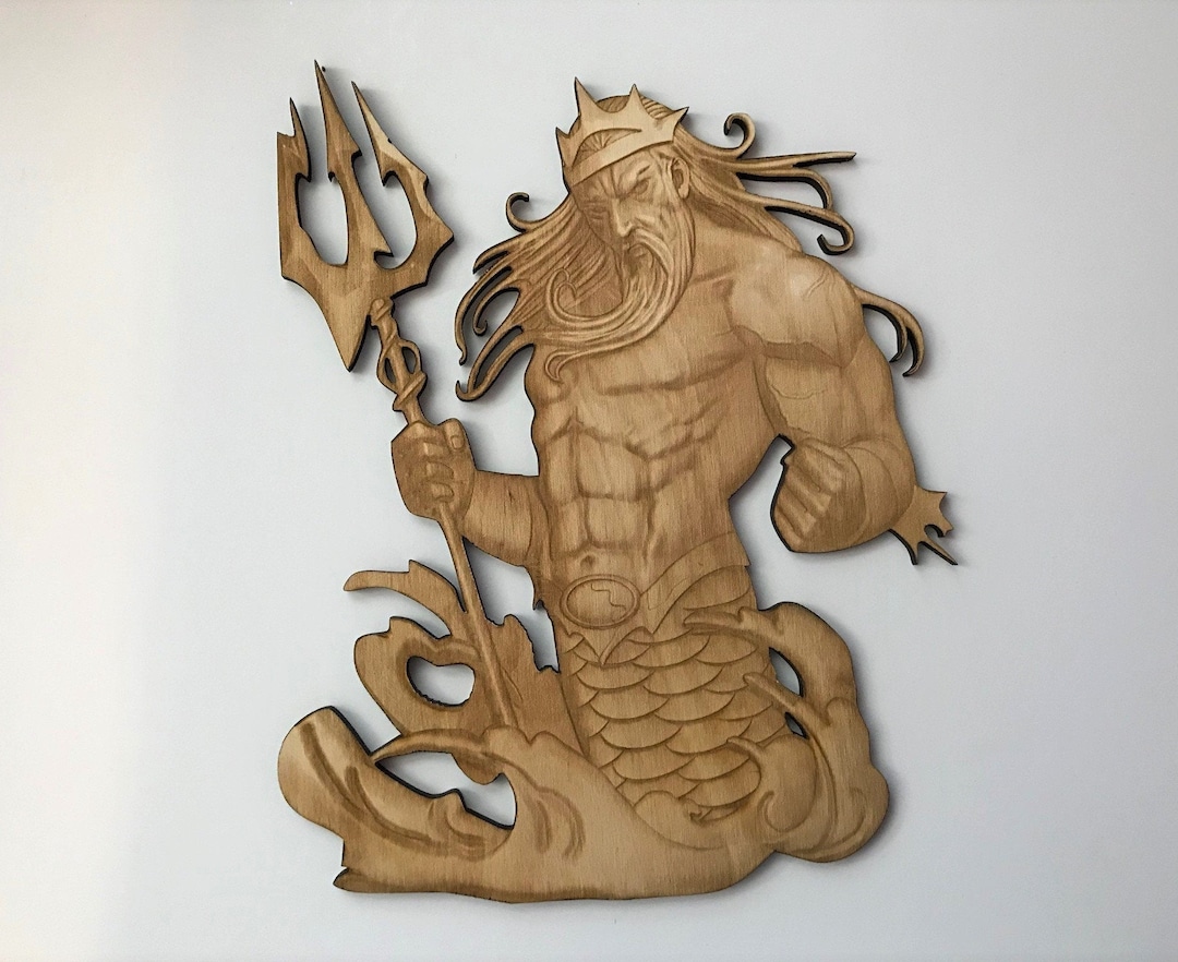 Wooden Poseidon With Trident, Laser Cut and Engraved Wood, Sea Life ...