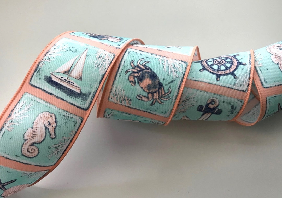 Sea Life Nautical Ribbon, 2 1/2" Wide, Wired Ribbon for Wreaths, Bows ...