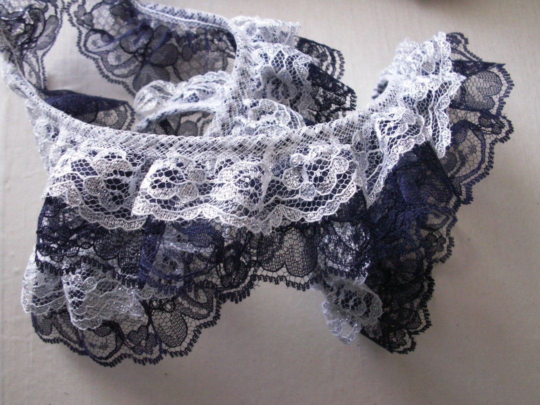 Navy and Silver Double Ruffled Lace Trim, 2 Tier Lace Trim, Christmas ...