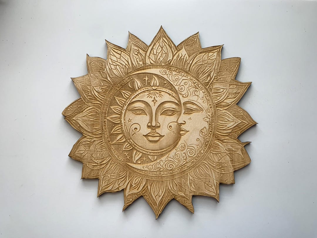 Sun and Crescent Moon Face Wood Plaque, Laser Cut and Engraved Wood ...
