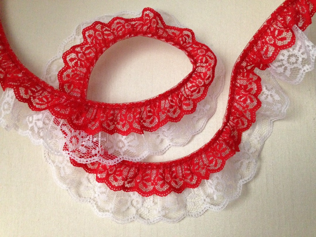 Red and White Double Ruffled Lace Trim, Candlewick 2 Tier Lace, Apparel ...