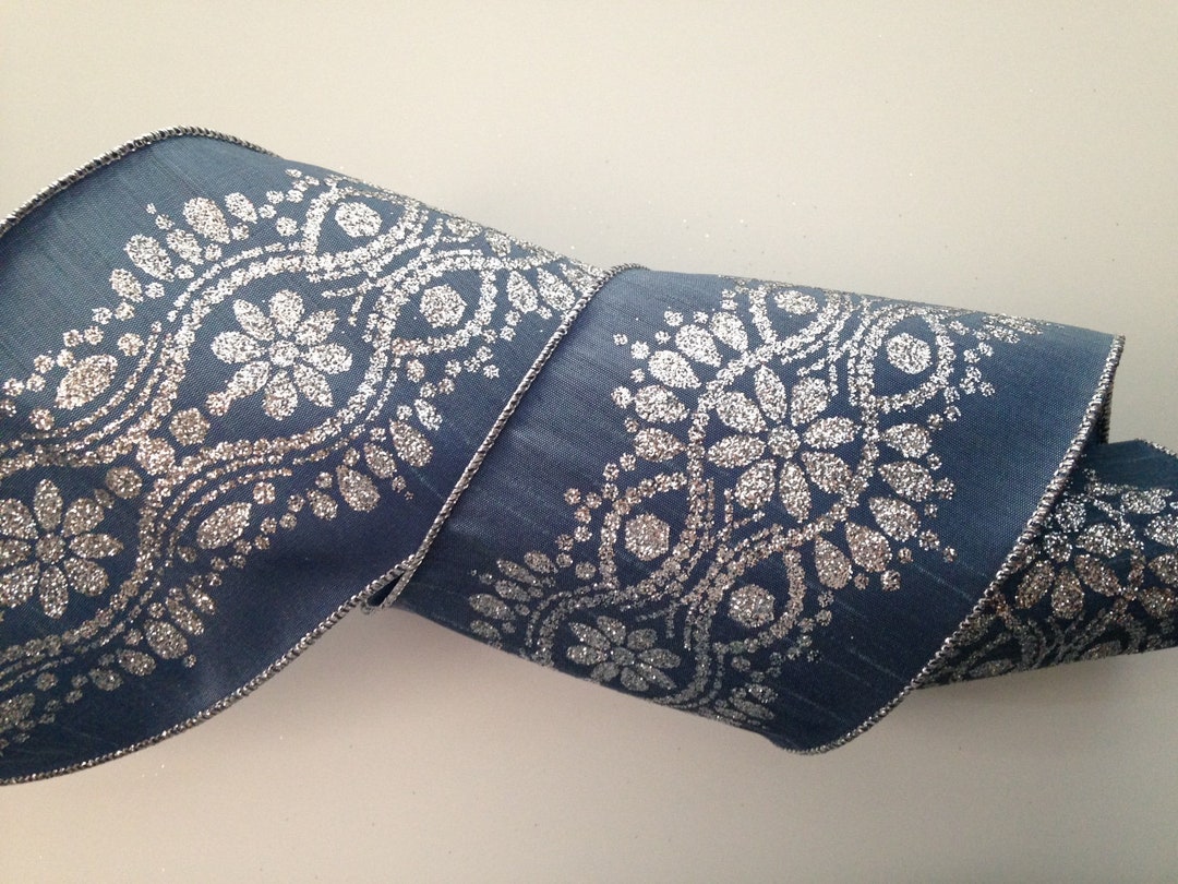 Christmas Ribbon, Antique Blue With Silver Sparkle, 4 Wide, Wired Edge ...