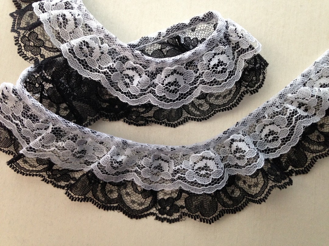 White and Black Double Ruffled Lace Trim, 2 Tier Lace for Apparel ...