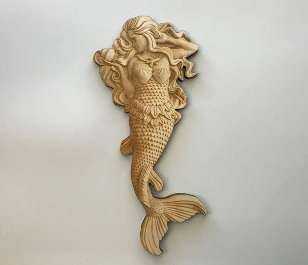 Wooden Mermaid, 48" X 23", Laser Cut and Engraved Wood, Sea Life Wall ...