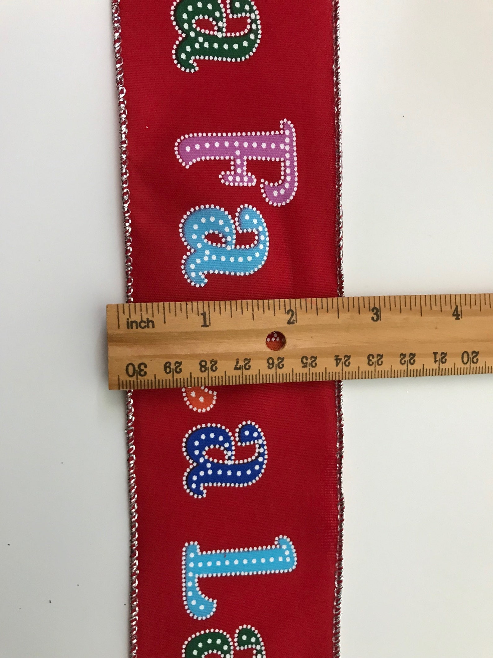 Christmas Ribbon, Red With Multicolor Falala, 2 1/2" Wide, Wired Edge ...
