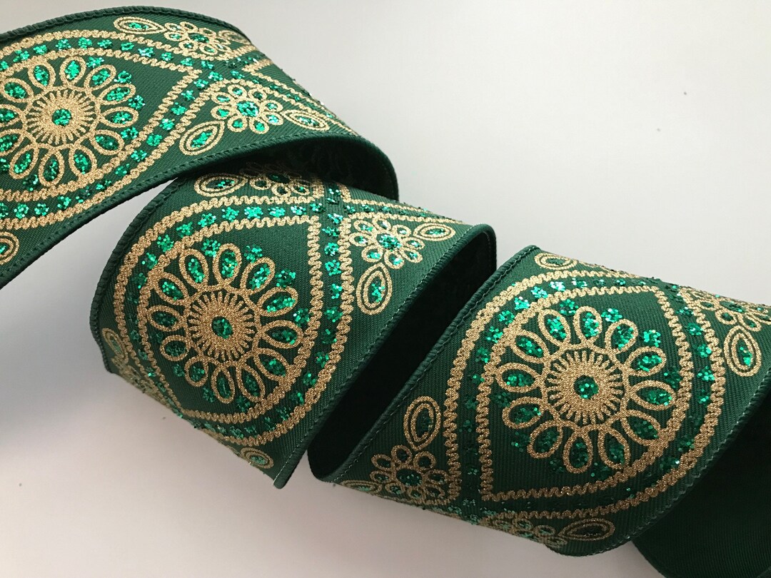Christmas Ribbon, Hunter Green and Metallic Gold, 2 1/2" Wide, Wired ...