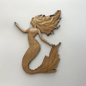 Wooden Mermaid, Laser Cut and Engraved Wood, Sea Life Wall Art ...