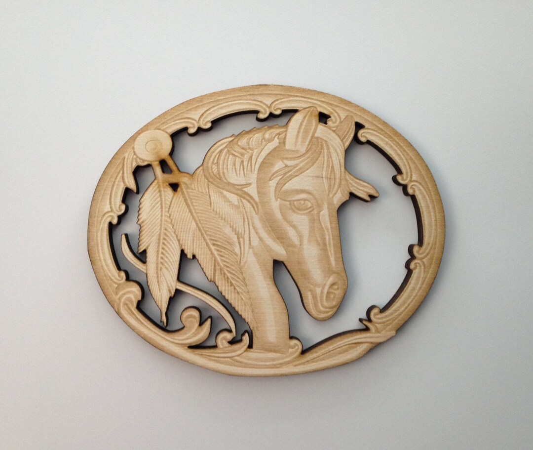 Wooden Horse Head With Feathers, Laser Cut and Engraved Wood, Ranch ...