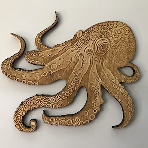 Octopus Wood Plaque, Laser Cut and Engraved Wood, Sea Life Decor ...