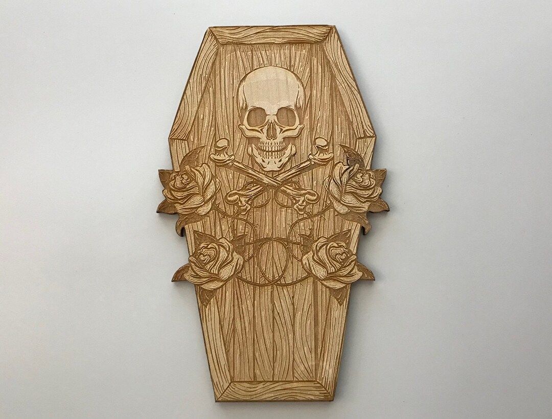 Wooden Coffin With Skull and Flowers, Laser Cut and Engraved Wood ...