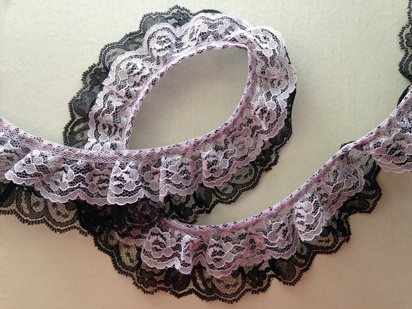 Pink and Black Double Ruffled Lace Trim 2 YARDS Lace Trim | Etsy