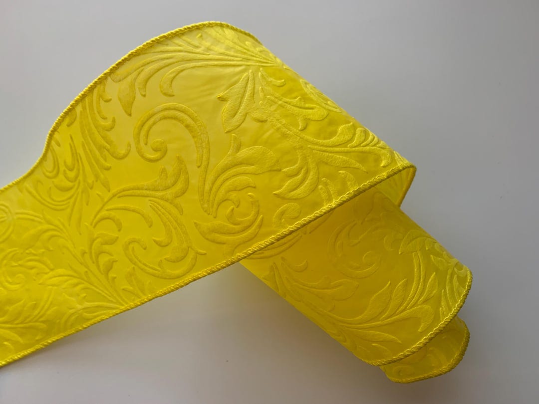 Yellow Embossed Leaves Filigree Ribbon, 4" Wide, Wired Ribbon for Bows ...