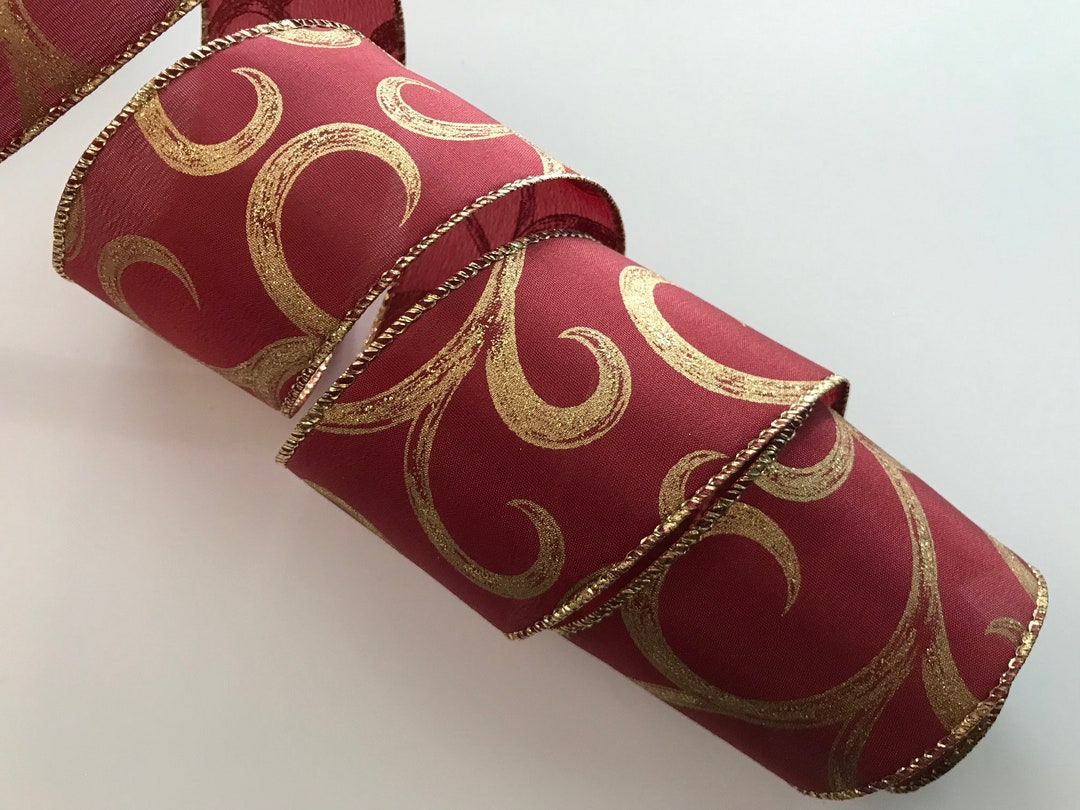 Christmas Ribbon, Burgundy and Gold Ribbon, 2 1/2 Wide, Wired Ribbon ...